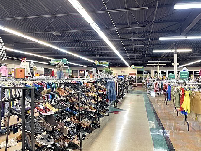 The shoe section: a footwear fantasy where finding your size in good condition feels like winning a small lottery.