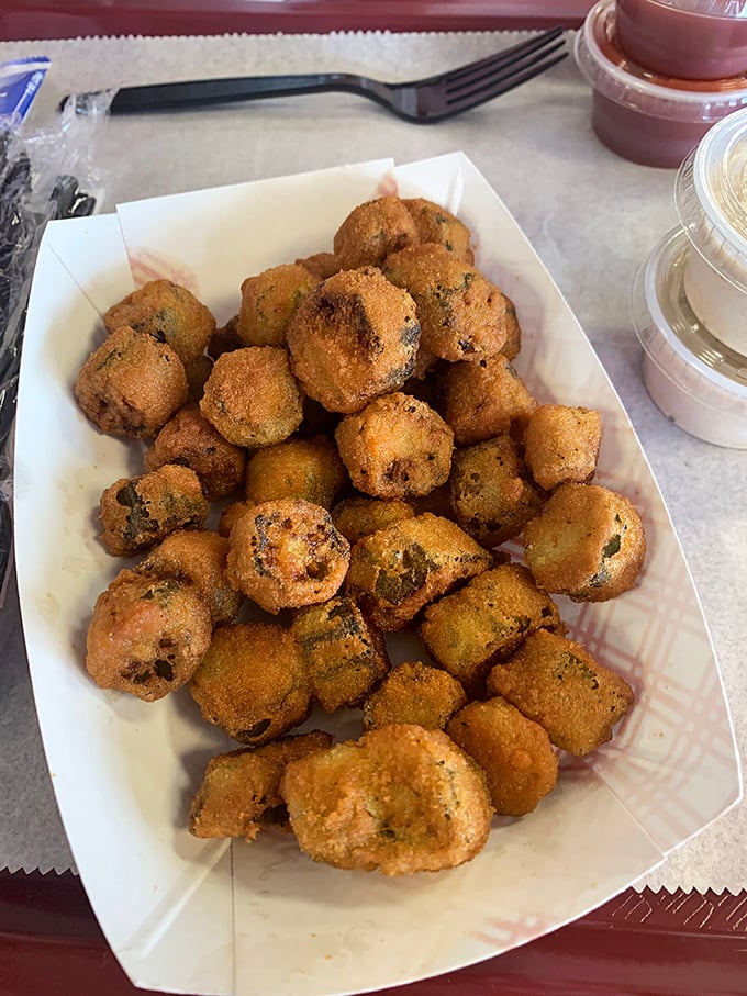 Fried okra that could convert even the most stubborn okra skeptics – crispy, golden nuggets that disappear faster than you'd expect.