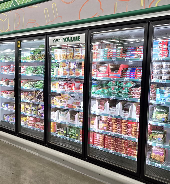 Frozen food nirvana behind glass doors. The "Great Value" sign isn't just branding—it's the most honest advertising in retail history.