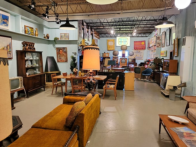 Mid-century furniture heaven—that mustard yellow sofa has witnessed cocktail parties where "The Twist" was considered scandalously modern.