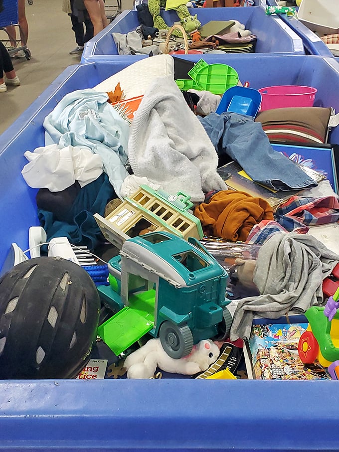 Toys, clothes, and household items jumble together in these blue bins—a chaotic cornucopia where patience reveals the best bargains.