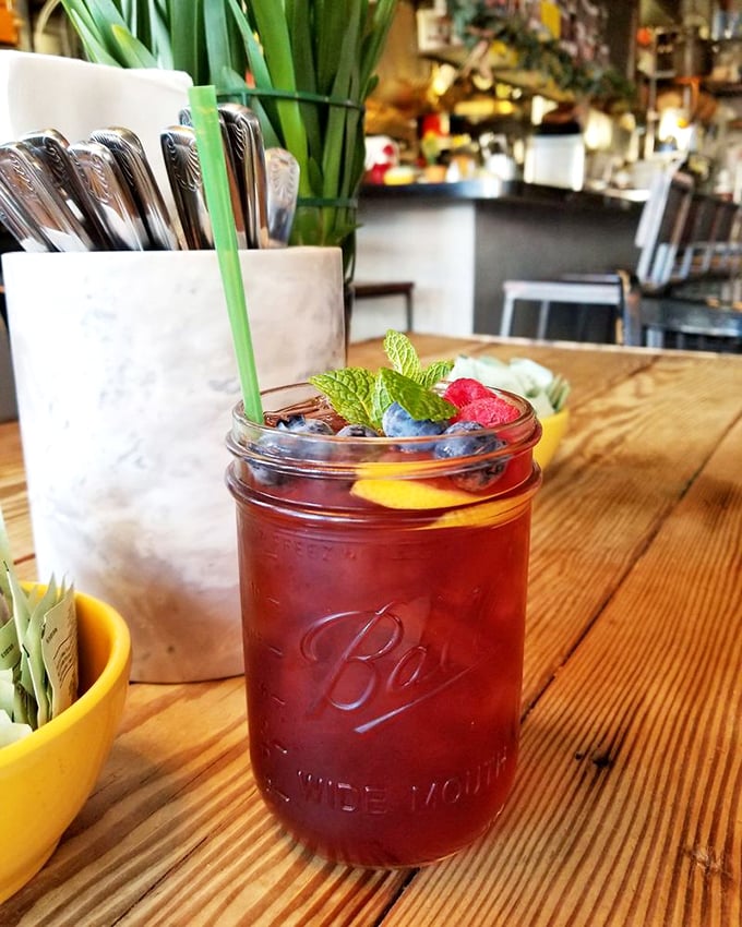 Hibiscus tea in a mason jar, because sometimes you need something prettier than your morning face.