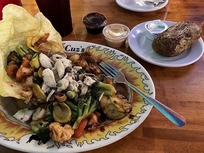 A seafood and vegetable medley that proves Cuz's isn't just about steaks—it's about making everything on your plate worthy of your attention.