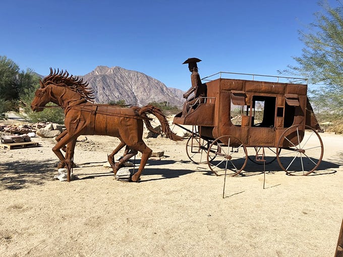 Westward ho! This stagecoach and horses capture the spirit of frontier travel, minus the uncomfortable wooden seats and bandits.
