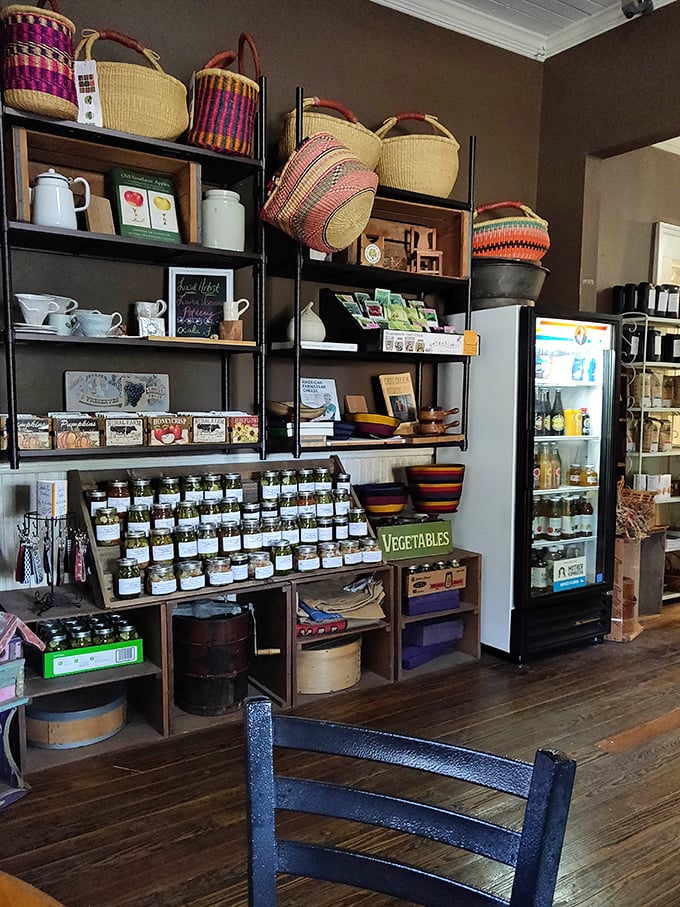 Handwoven baskets and local goods line the walls, turning a simple bakery visit into a treasure hunt for artisanal souvenirs.