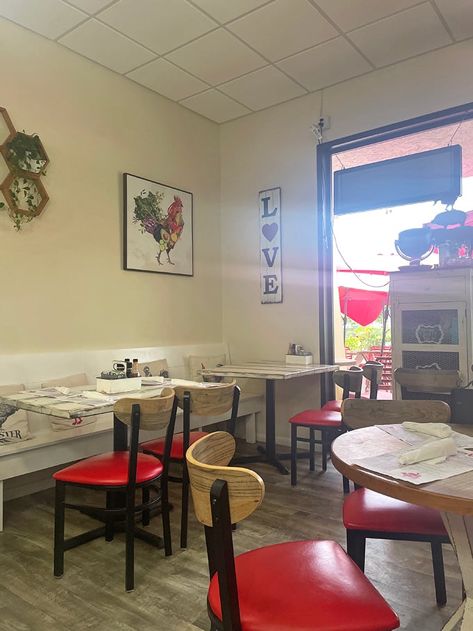 Another angle of that charming interior where the "LOVE" sign reminds you why you drove all this way.