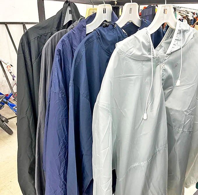 A lineup of lightweight jackets in blues and grays—perfect for Georgia's notoriously fickle spring weather. Practical fashion at impractical prices.