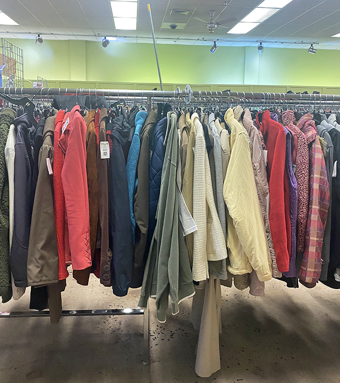 Jacket jackpot for the patient treasure hunter. Winter coats in summer, lightweight blazers in fall – thrifting knows no season.