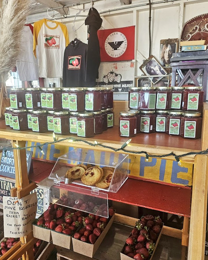 The jam wall—where summer gets preserved in glass jars, waiting patiently to brighten some future winter morning's toast.