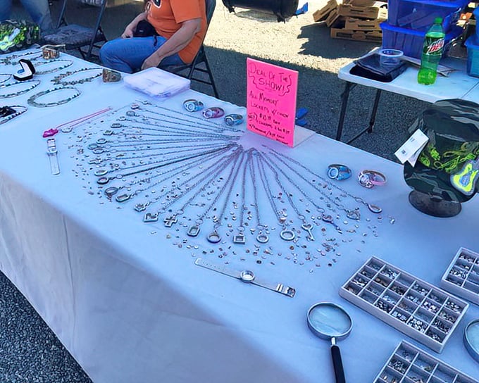 Jewelry displayed with democratic flair—where costume pieces mingle with potential hidden gems, all awaiting the discerning eye of a treasure hunter.
