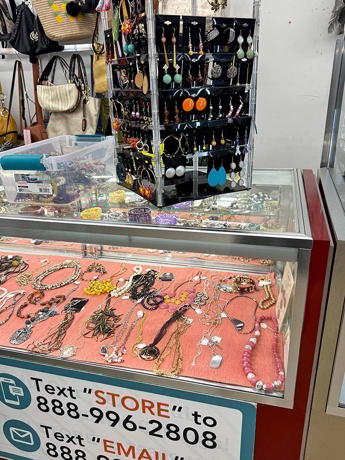 Behind glass cases, jewelry sparkles with possibility—some costume, some possibly genuine, all priced for guilt-free acquisition.