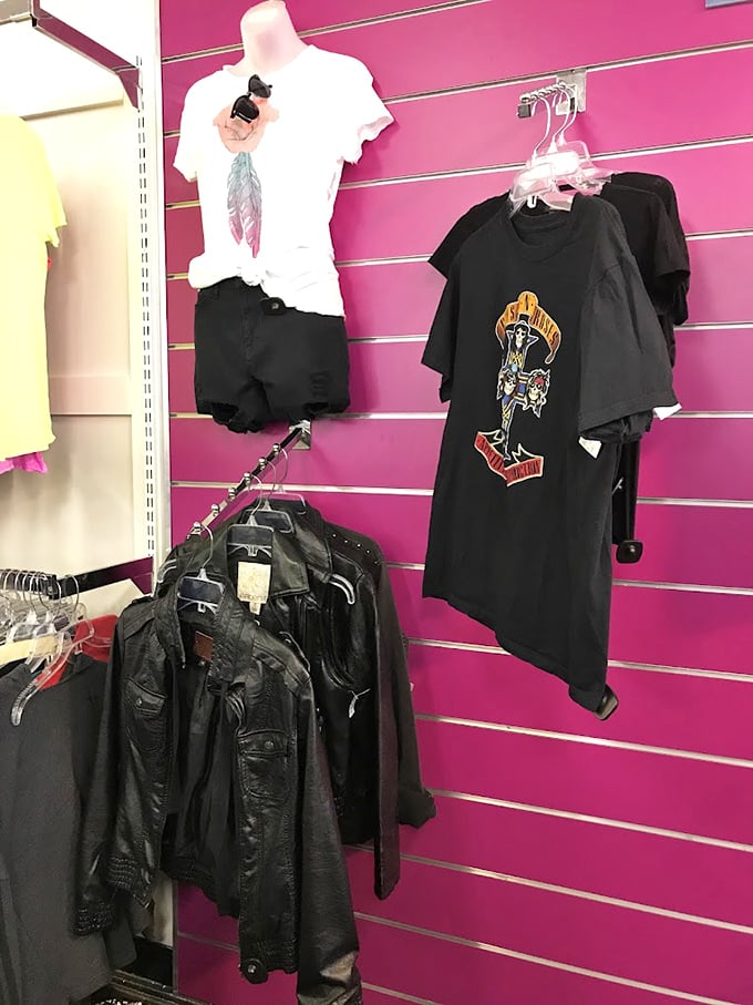 Leather jackets hang like rebellious relics, waiting to add edge to someone's carefully curated look.