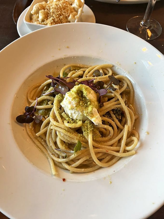 Bucatini pasta with fresh herbs and burrata—Italy meets New England in a dish that would make both your Italian grandmother and Yankee grandfather approve.