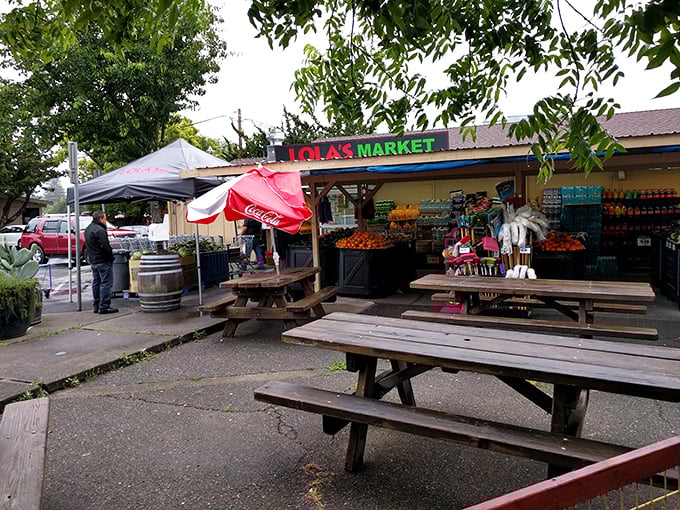 Lola's Market—where authentic Mexican provisions meet picnic table philosophy. The Coca-Cola umbrella has sheltered more culinary discoveries than fancy restaurants. 