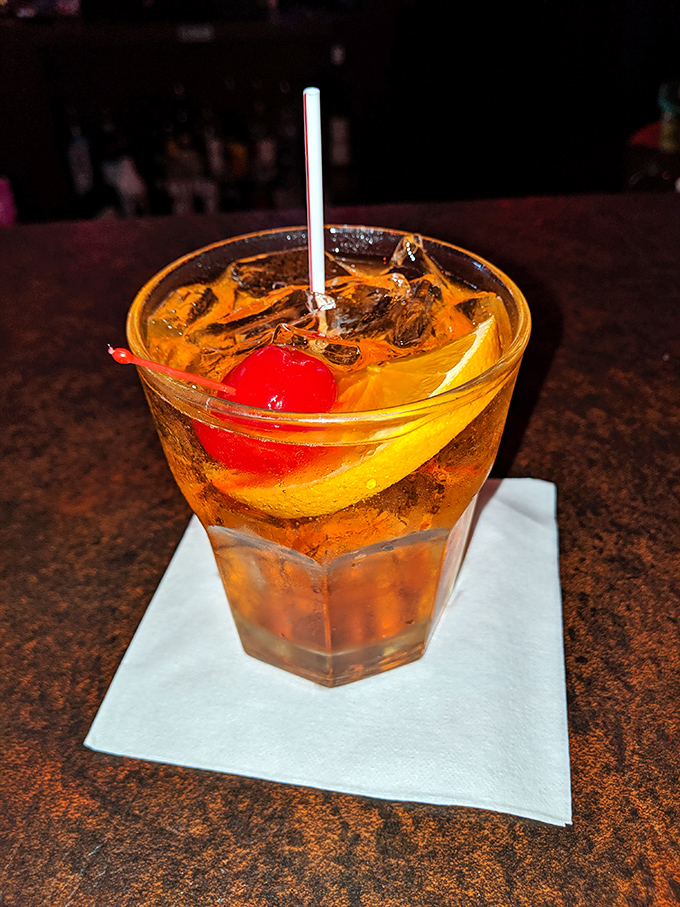 The classic Old Fashioned—Wisconsin's unofficial state handshake. That cherry isn't garnish, it's a ruby crown jewel.