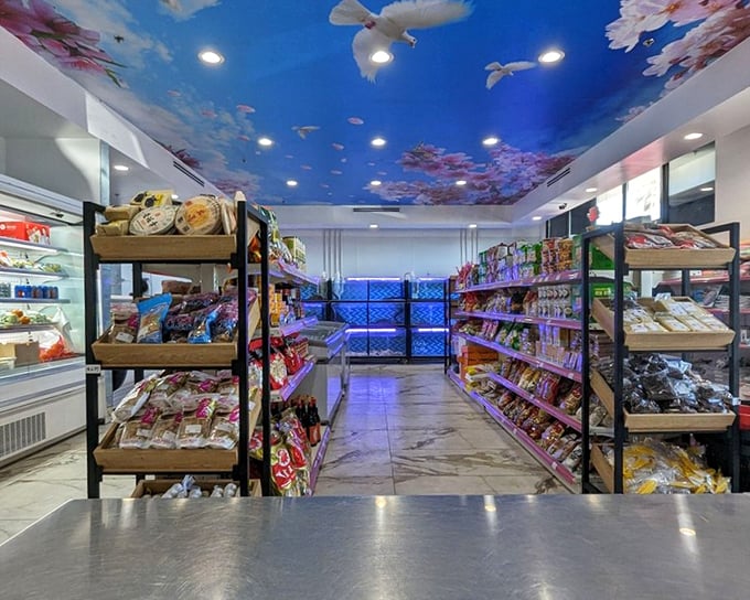 The market section offers a taste of Asian grocery excellence. Snack heaven for the adventurous palate lurks between these shelves.