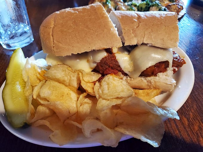 A meatball sub with chips and a pickle—the lunch combo that's been making Michigan Tech students forget their calculus problems since forever.