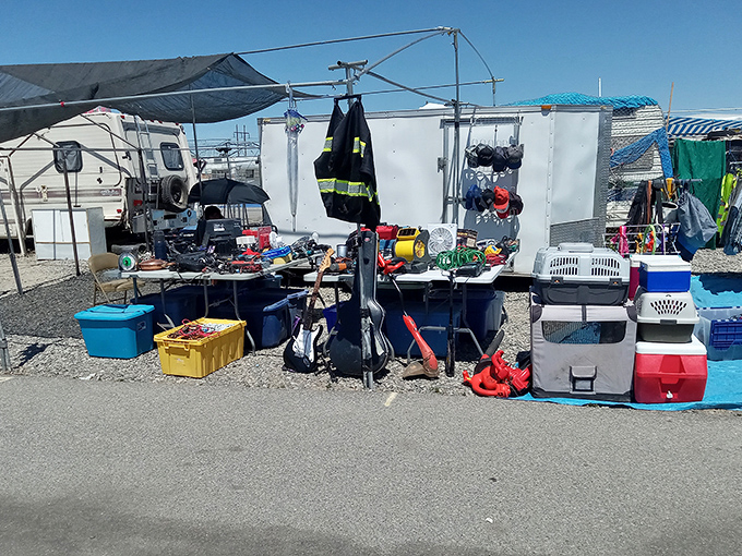The ultimate garage sale tableau—where fishing gear meets coolers meets firefighter pants in the great democracy of secondhand commerce.