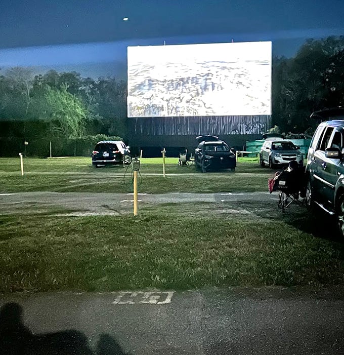 When darkness falls, the screen illuminates with cinematic magic, transforming a field of cars into a community of moviegoers.