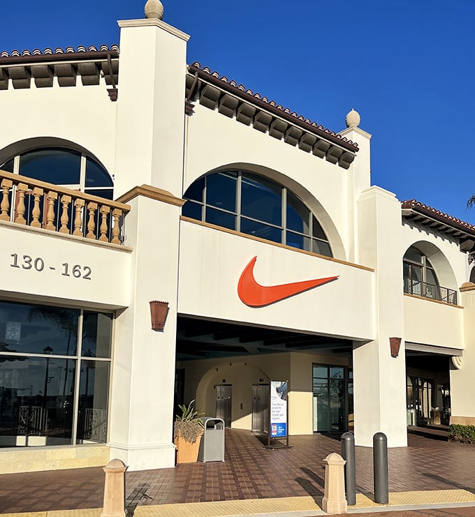 Nike's impressive storefront stands like a temple to athletic aspiration, where weekend warriors and actual athletes shop side by side.