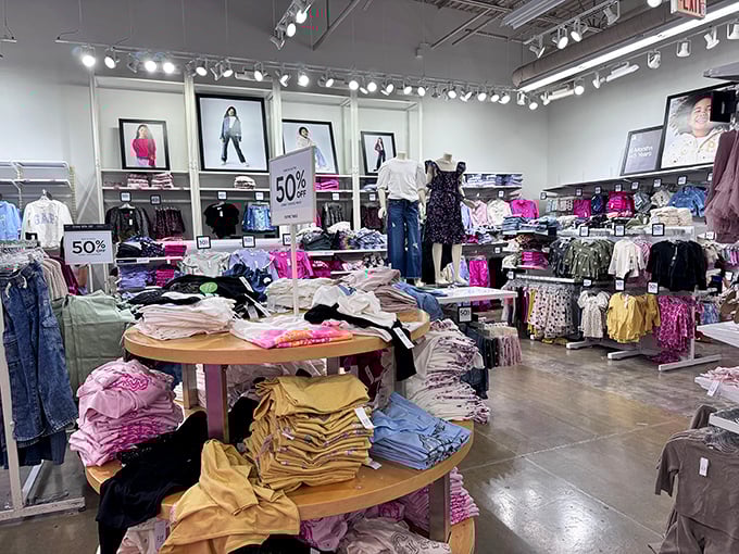 Old Navy's colorful displays organized like a retail rainbow – shopping therapy has never looked so cheerfully affordable.