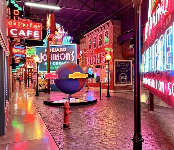 The museum's mock "Main Street" recreates the neon-drenched nighttime experience of mid-century America, minus the car exhaust.