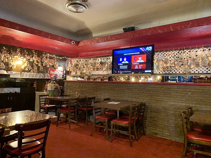 Red ceilings, wood paneling, and Chianti bottles—a time capsule of Italian-American restaurant perfection that never goes out of style.