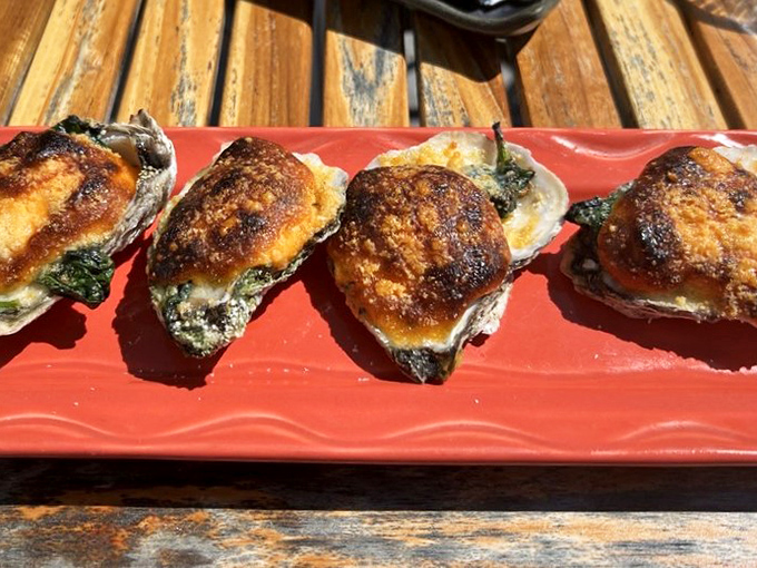Oysters wearing their Sunday best—baked with spinach and cheese until bubbling and bronzed like sunbathers on a Sausalito afternoon.