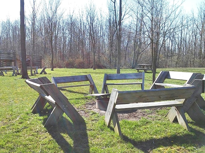 Outdoor amphitheater or glorified campfire circle? Either way, these rustic benches invite visitors to share stories under Indiana's star-studded sky.