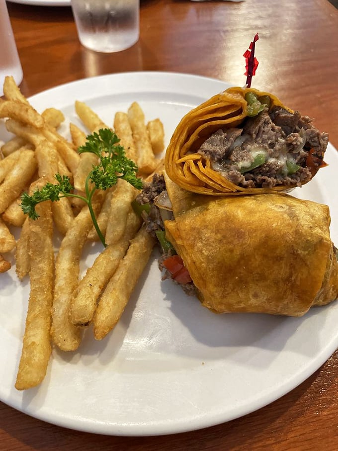 This Philly wrap gets deep-fried to golden perfection, proving that sometimes the best things in life come beautifully crispy.