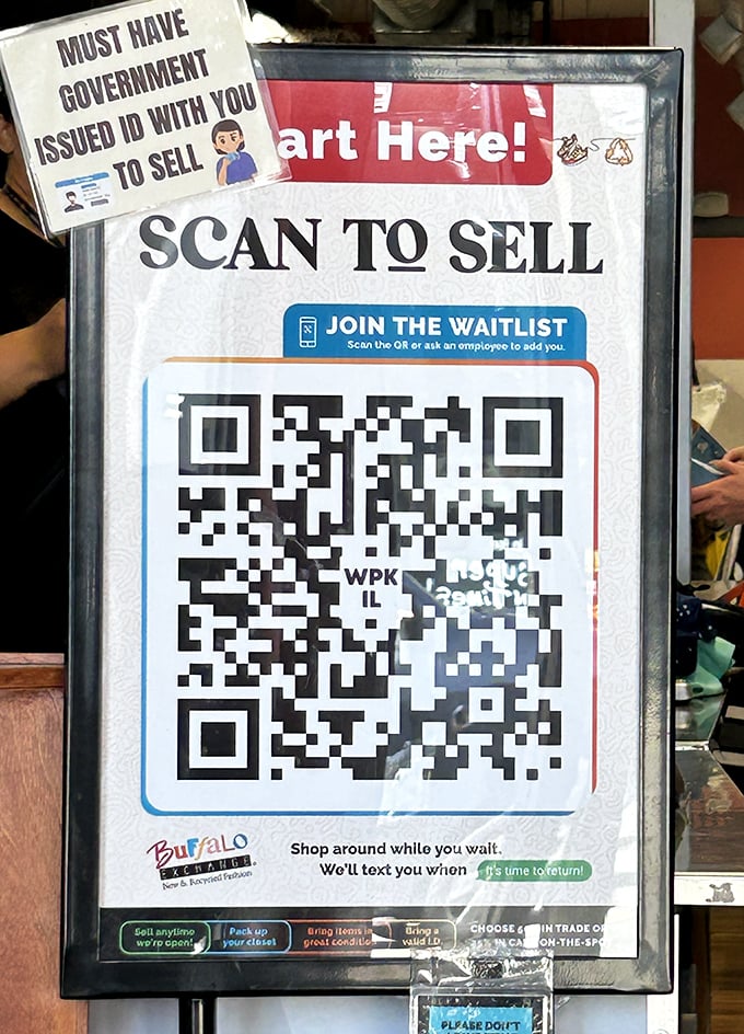 Modern thrifting meets technology—scan the QR code to join the waitlist while you browse, because efficiency never goes out of style.