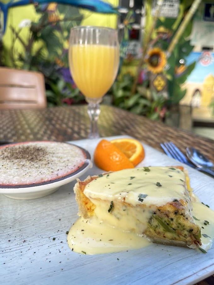 That quiche isn't just food—it's a savory sunrise, with hollandaise adding sunshine yellow to an already perfect morning.