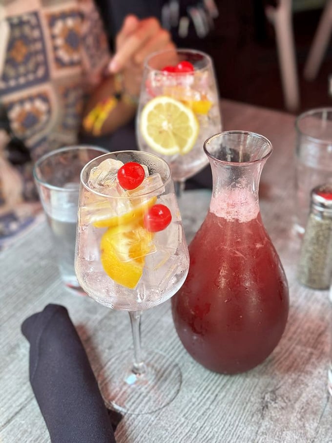 Sangria served with the kind of generous pour that turns strangers into friends and lunch into an afternoon affair to remember.