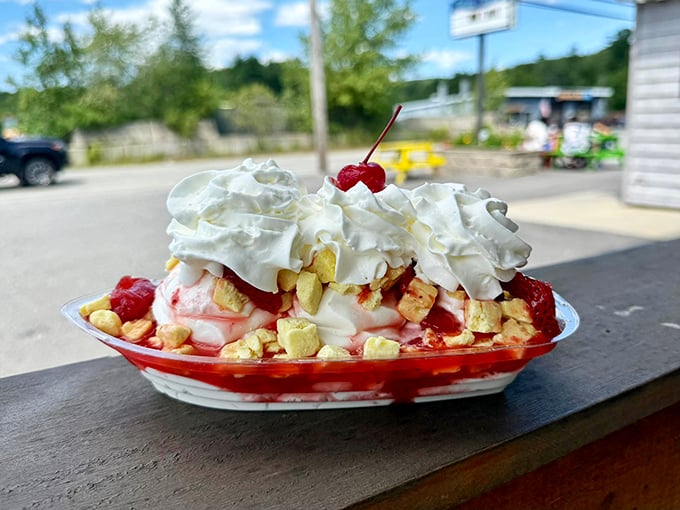 A mountain of whipped cream, cherries, and shortcake that doesn't just end a meal – it provides the grand finale your taste buds deserve.