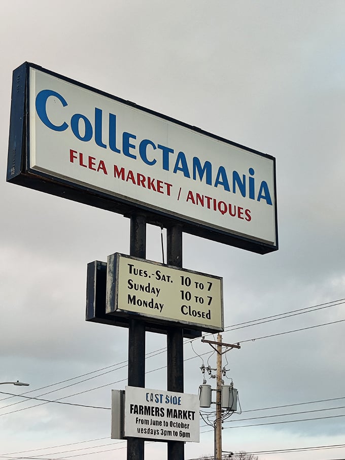 The roadside sign announces "FLEA MARKET / ANTIQUES" with hours clearly displayed. A beacon for those seeking weekend treasure hunting adventures.