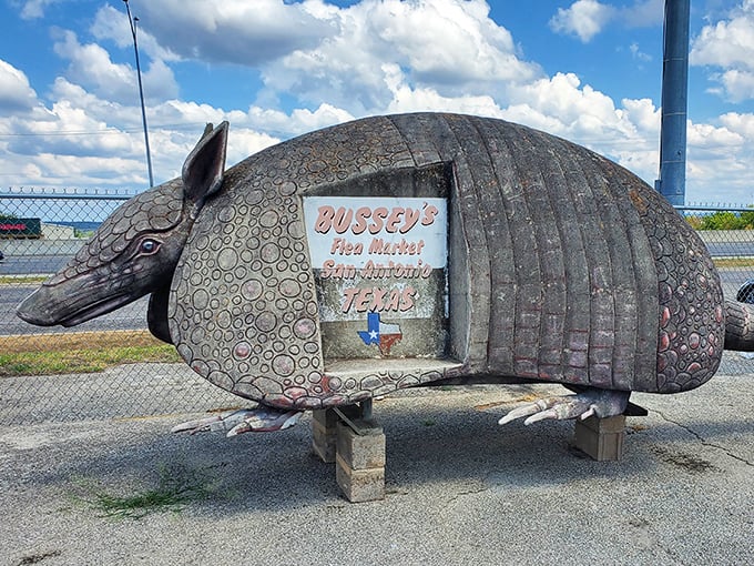 The iconic armadillo sign welcomes visitors to Bussey's—Texas charm in sculptural form, complete with the state's unofficial mascot.