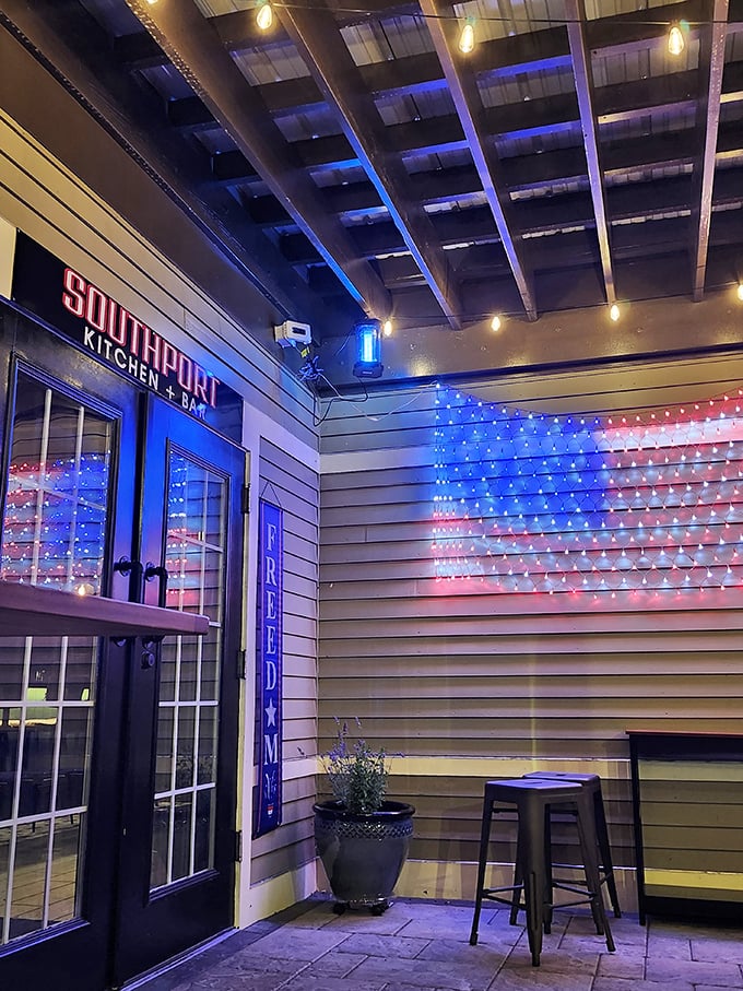 SouthPort Kitchen + Bar lights up the night with patriotic flair, where seafood meets spirits under the glow of red, white, and blue.