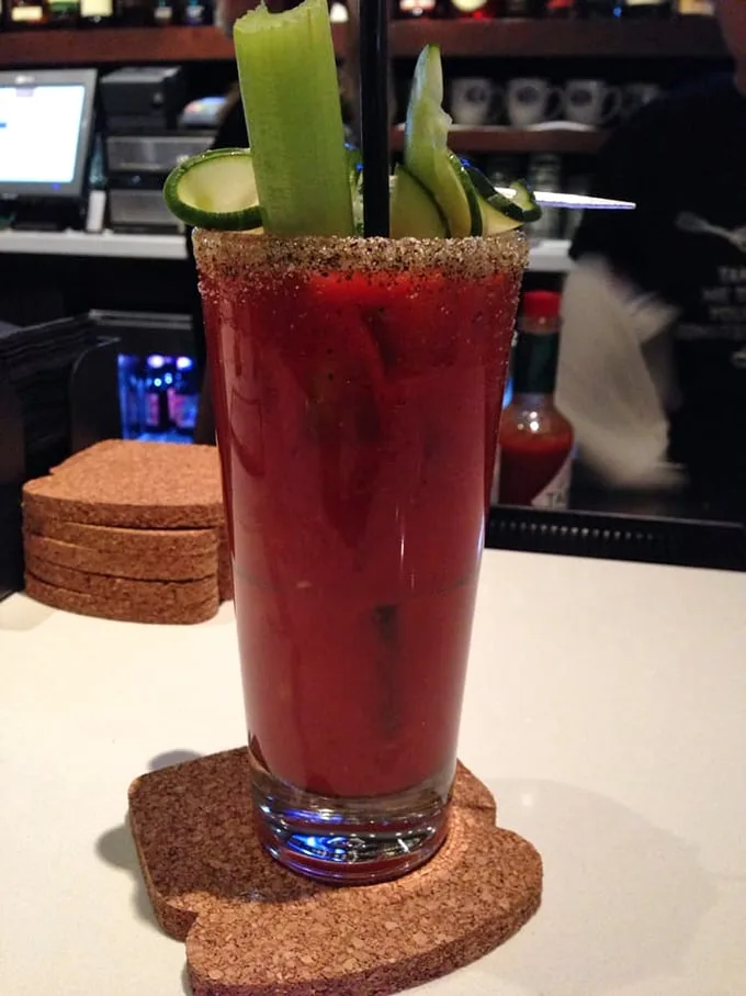 This Bloody Mary isn't just a drink, it's a meal with alcohol. The celery straw is just pretending this is healthy.