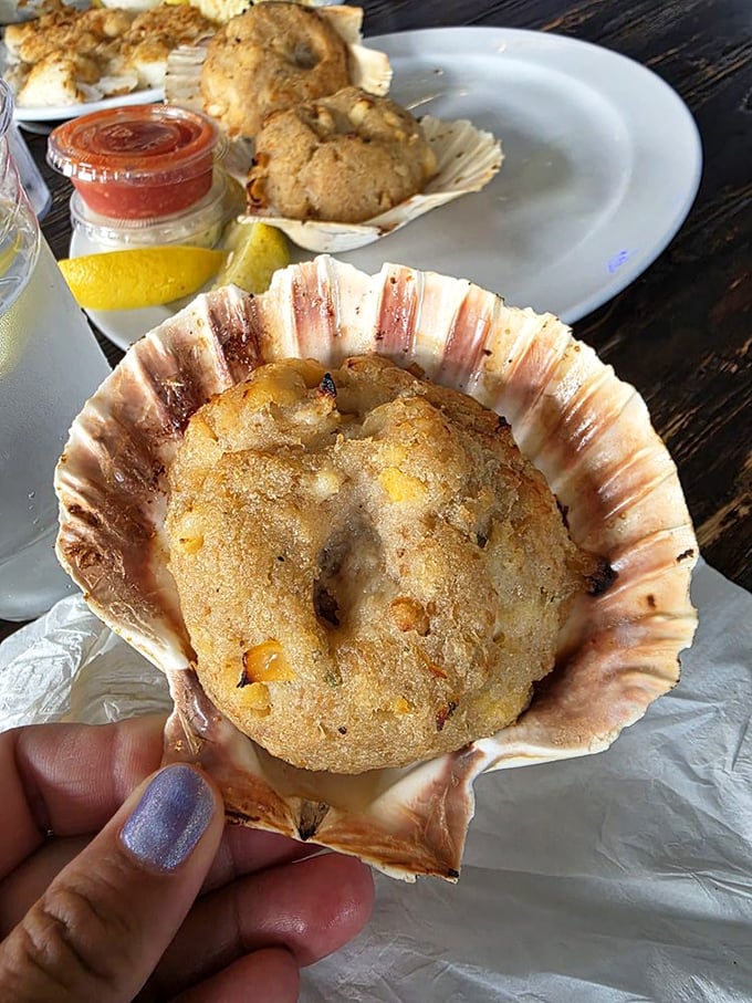 The stuffed clam arrives in its natural shell home, looking like the seafood equivalent of comfort food that somehow got a master's degree.