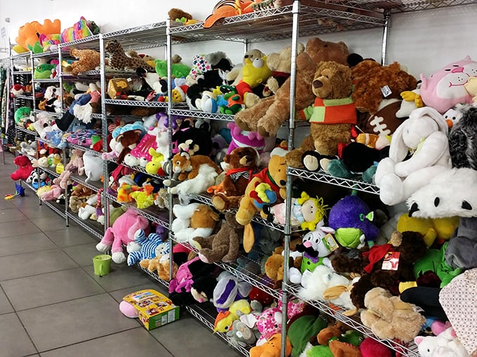 The stuffed animal section resembles a plush zoo breakout, with teddy bears and forgotten cartoon characters seeking new homes.
