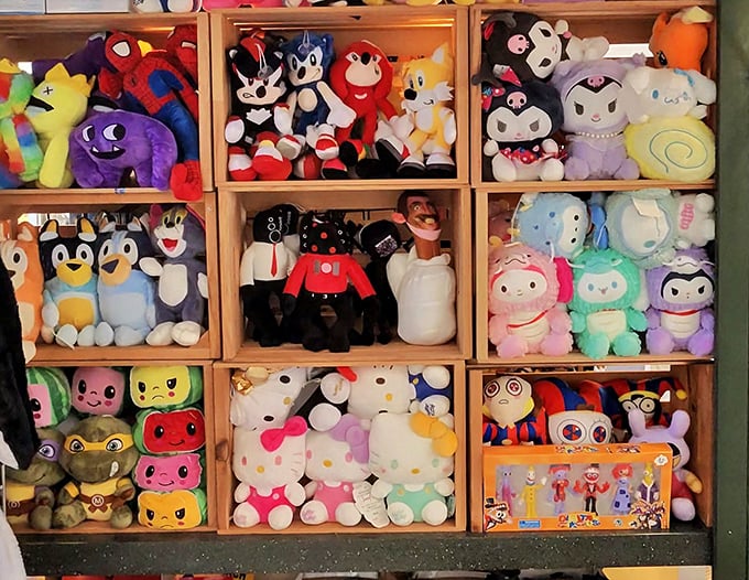 Stuffed animals judging your shopping choices while secretly hoping to come home with you.
