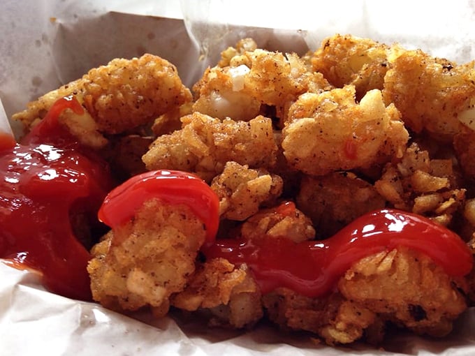 Golden tater tots with a splash of ketchup—childhood nostalgia meets grown-up indulgence. Crispy outside, fluffy inside, happiness all around.
