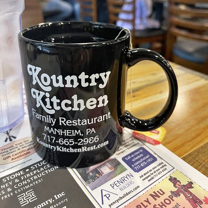 The mug says Kountry Kitchen, but what it really means is "you're family now" – the universal language of small-town diners.