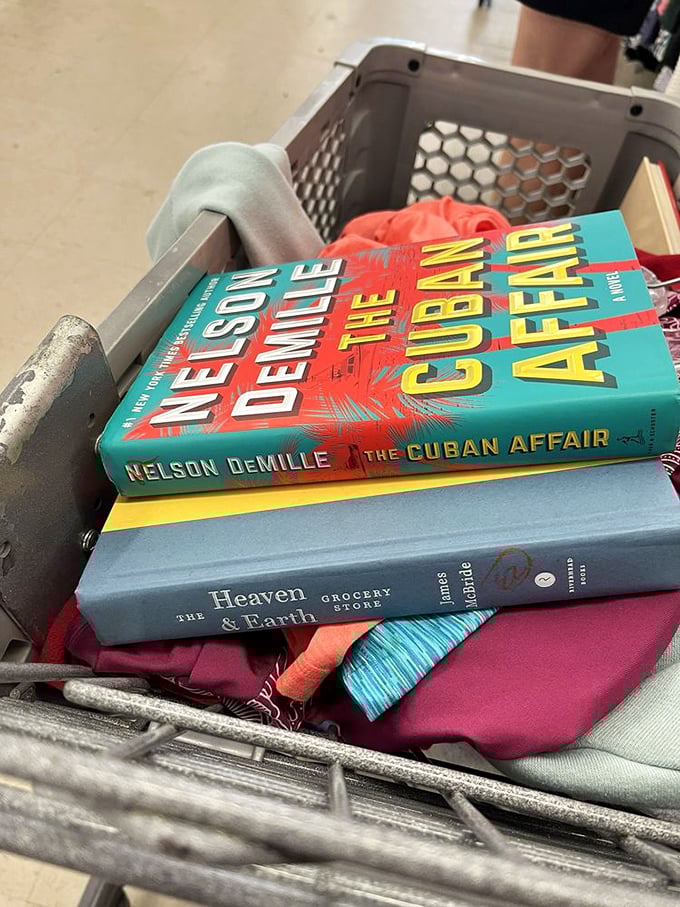 A shopping cart reveals the day's literary treasures—Nelson DeMille thrillers nestled beside literary fiction, waiting for rainy day reading sessions.
