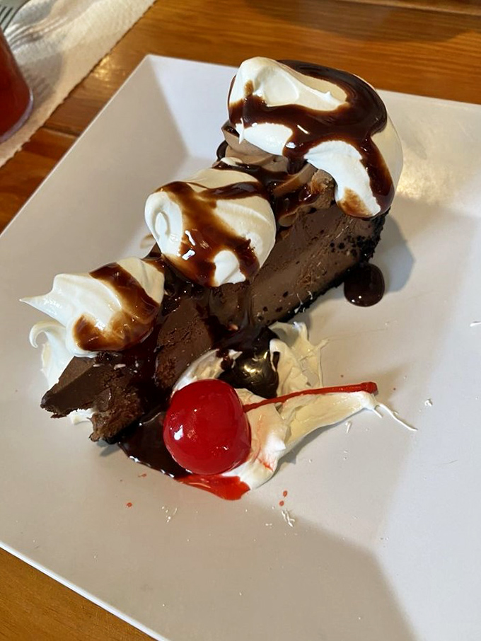 Chocolate turtle cheesecake that makes you momentarily forget you came for seafood—until you remember you can have both.