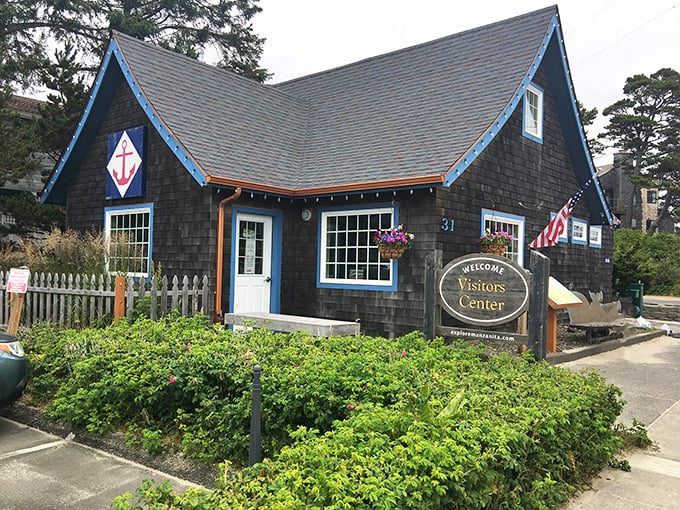 The Visitors Center looks like it belongs in a fairy tale, with its pitched roof and blue trim—a fitting gateway to Manzanita's storybook charm.