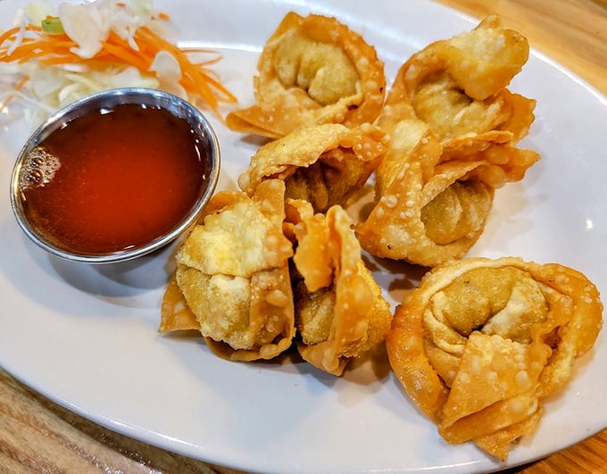 Crab rangoon – those little fried dumplings that somehow make cream cheese seem like an authentic Asian ingredient. Deliciously deceptive little morsels!