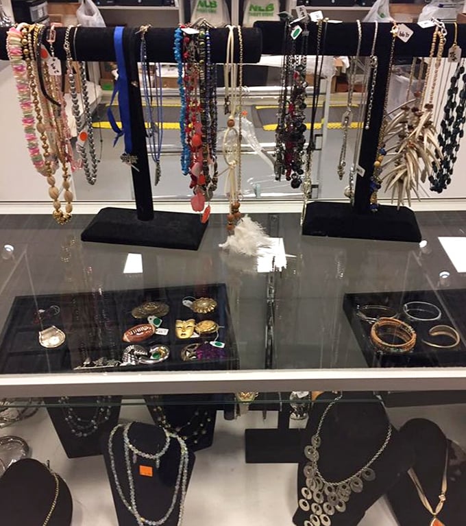 Jewelry displays that sparkle with possibility. Each necklace tells a different story—some whisper of elegant galas, others of casual Sunday brunches at the local diner.