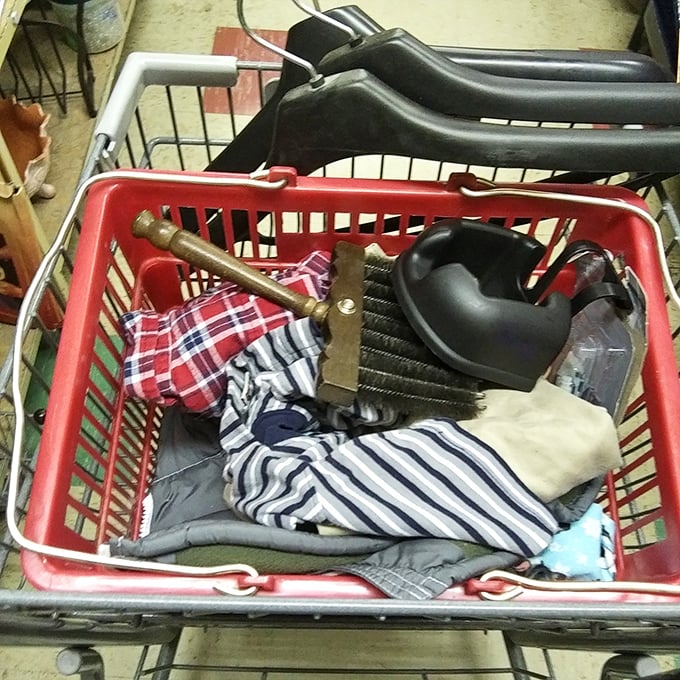 Shopping cart archaeology in progress! Each layer reveals different eras—plaid shirts, brass candlesticks, and is that a ladle from the 1970s?