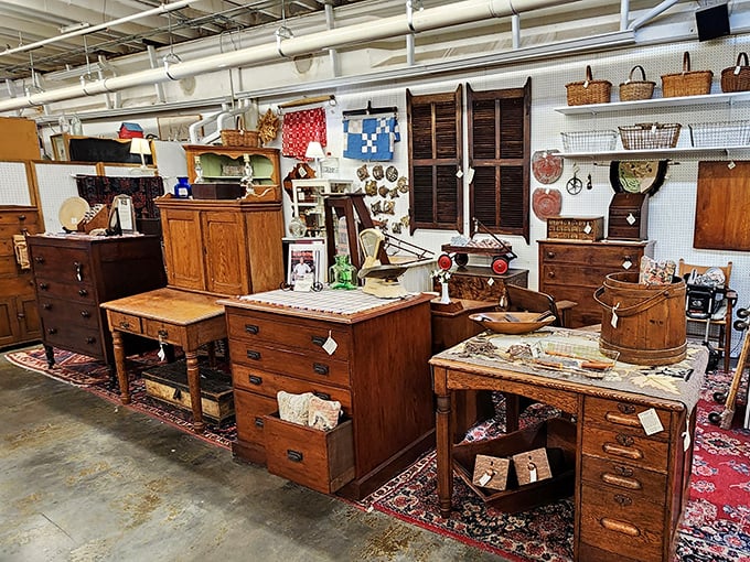 Antique furniture displays create entire rooms from the past—these aren't just desks and cabinets but the silent witnesses to countless family dinners and homework sessions.